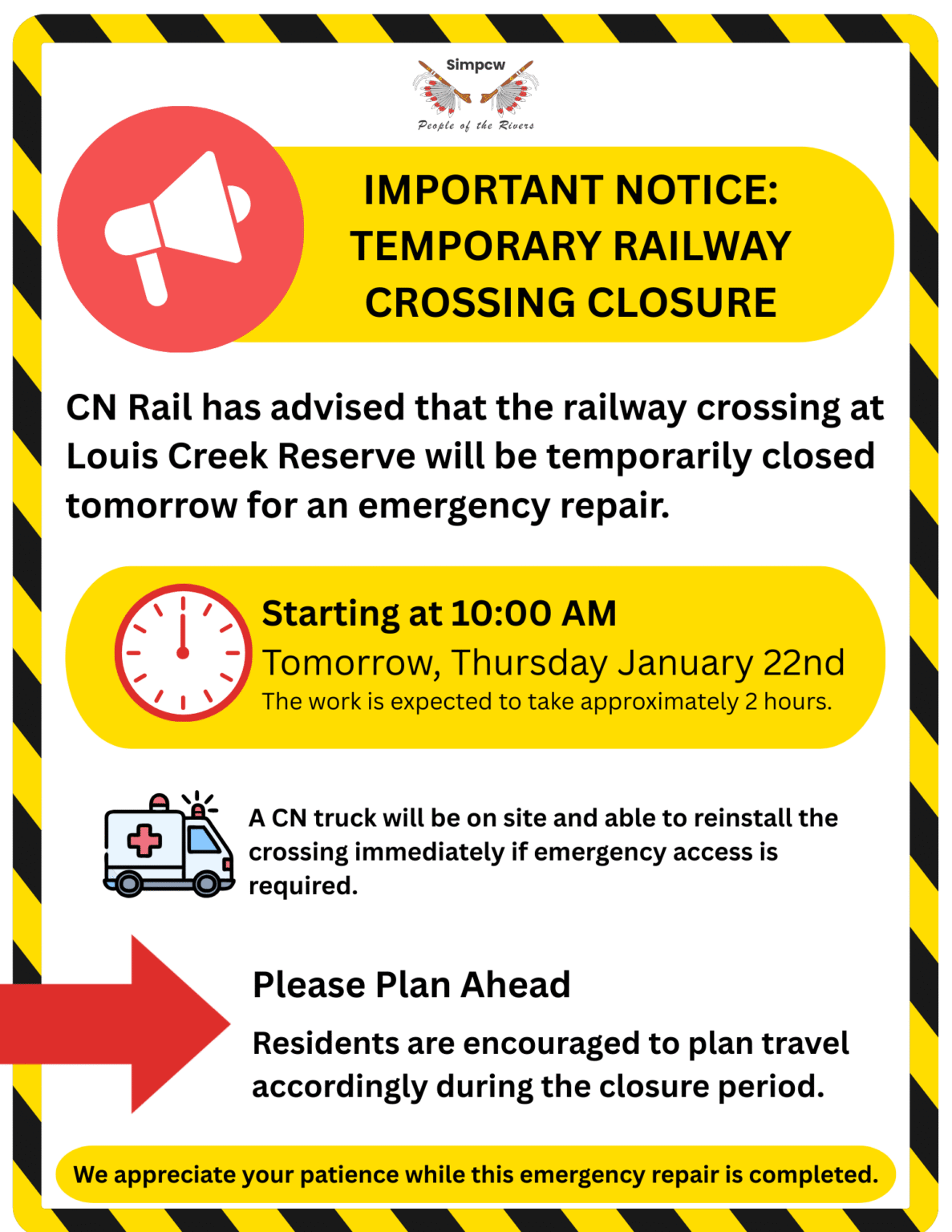 Temporary Railway Crossing Closure at Louis Creek Reserve – Simpcw